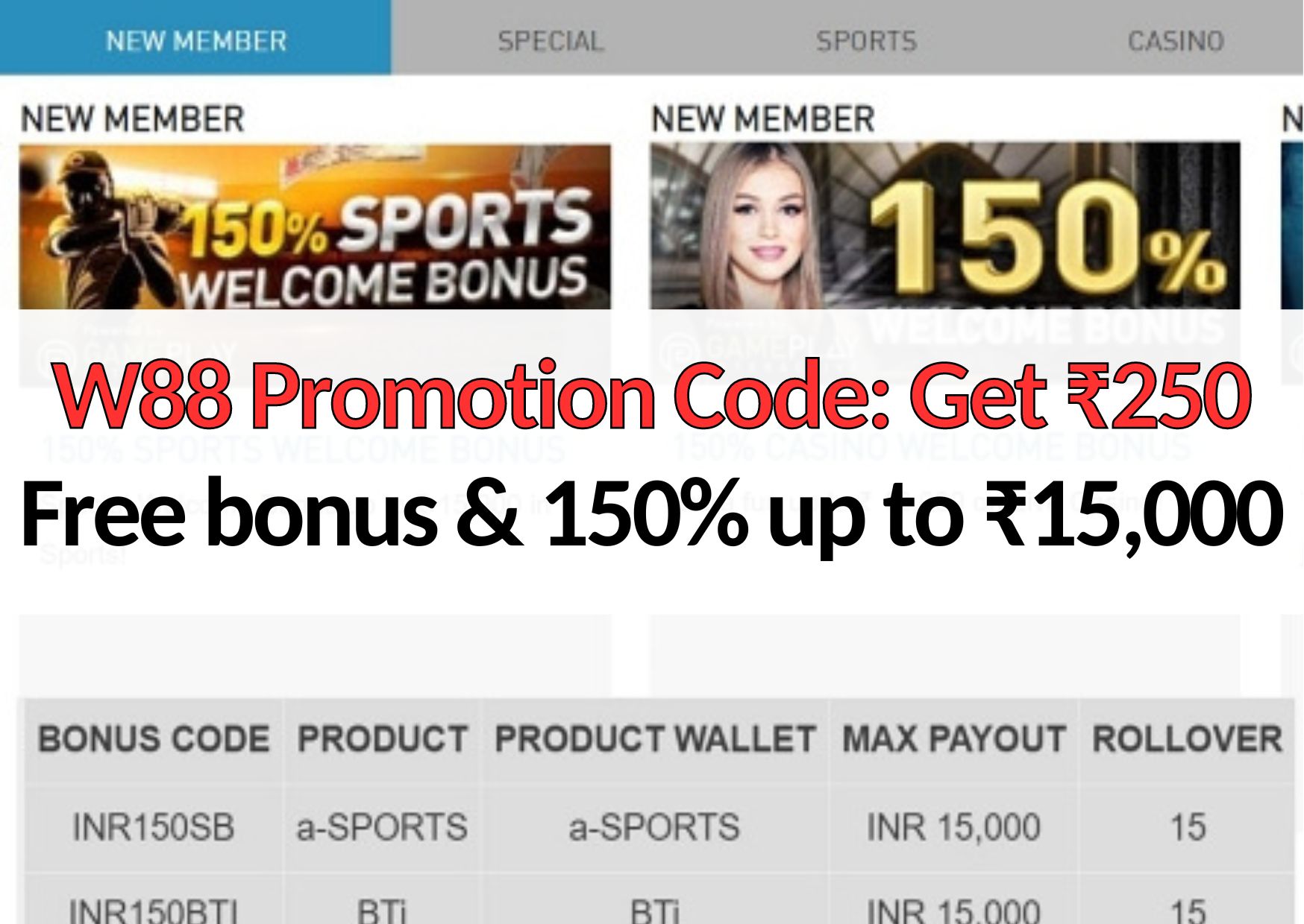 W88 Promotion Code: Get ₹250 Free bonus & 150% up to ₹15,000